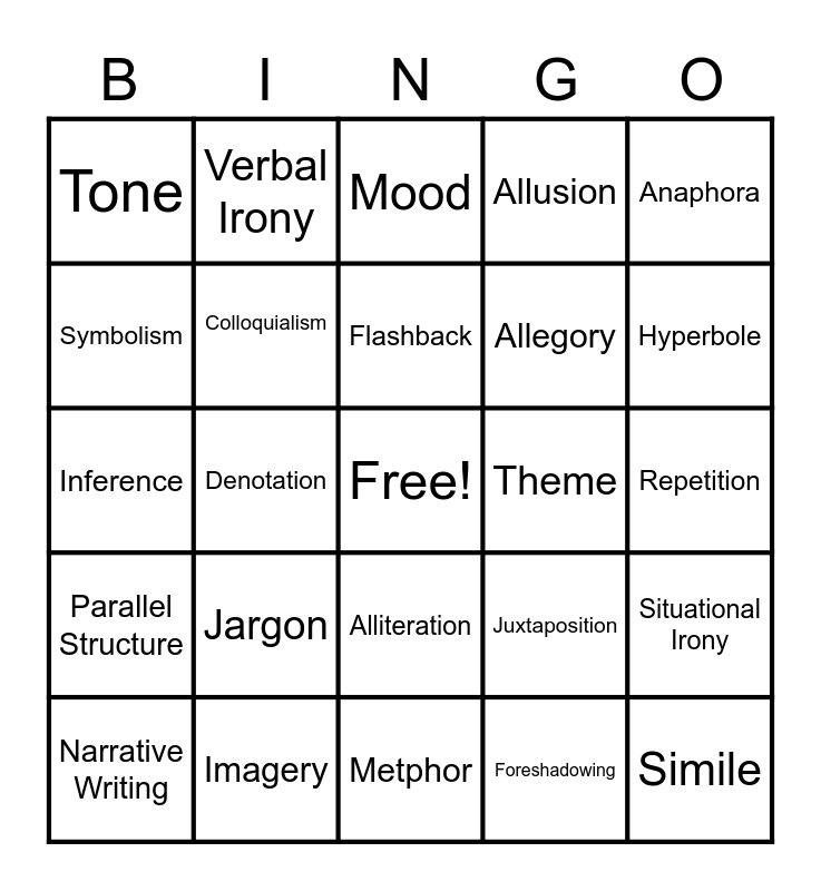 Literary Term Bingo Card Literary Term Bingo Card
