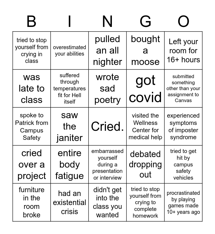 Depressed Student Bingo Sheet Bingo Card