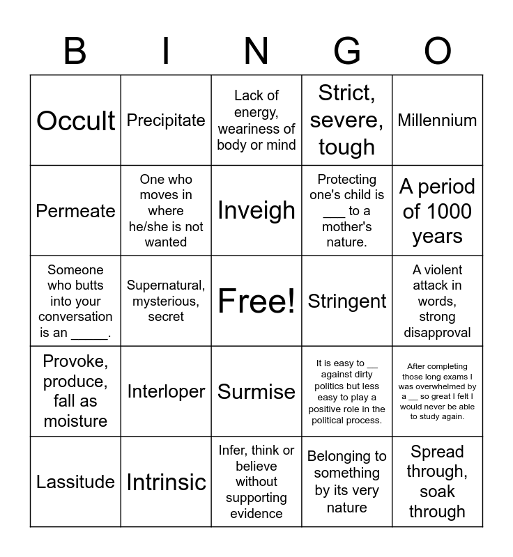 English 11 Vocab. F2B Bingo Card