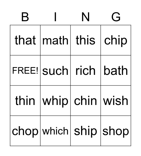 First Grade sh, ch, th, wh Bingo Card
