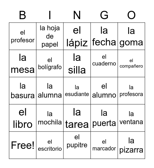 La clase de Español Bingo Card