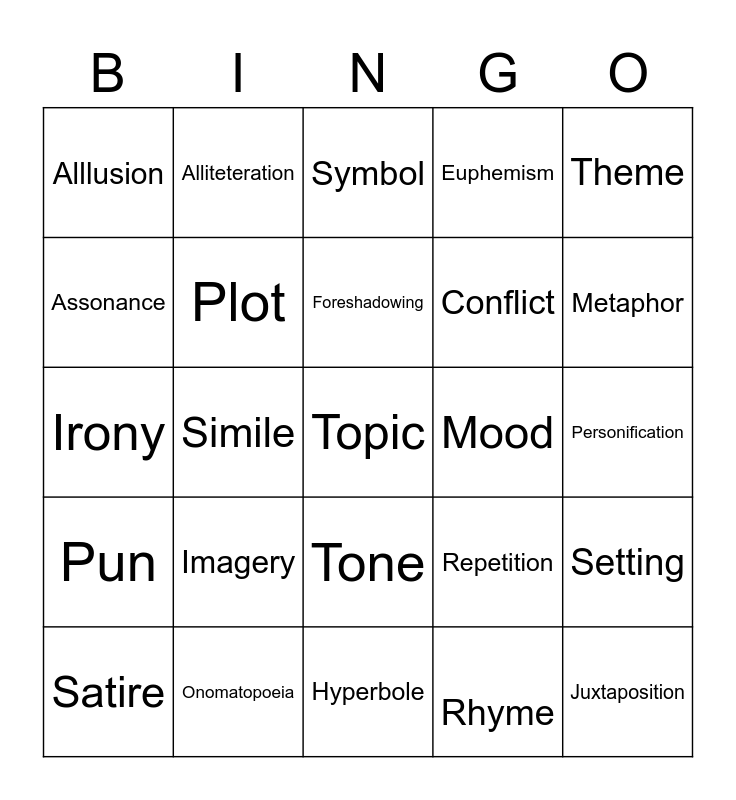 Literary Device Bingo Card