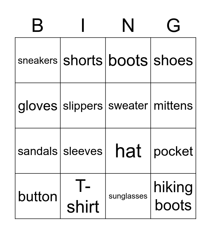 Clothes (Summer and Winter) Bingo Card