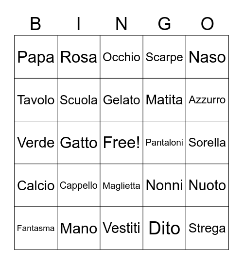 Italian Vocab Bingo Card