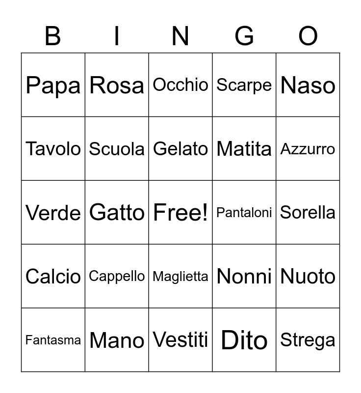 Italian Vocab Bingo Card
