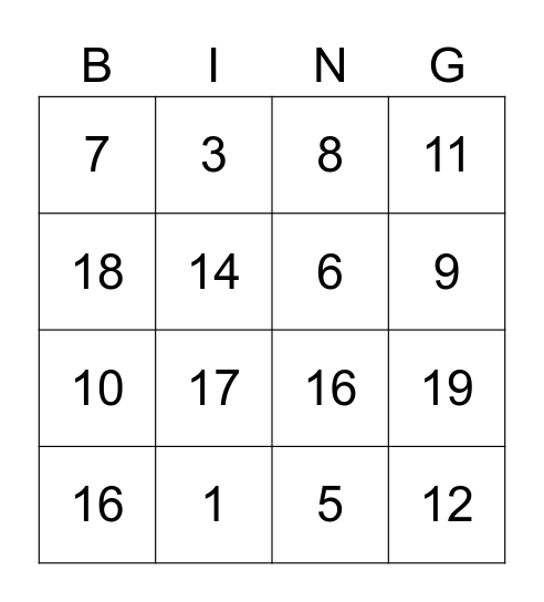 Numbers 1-20 Bingo Card