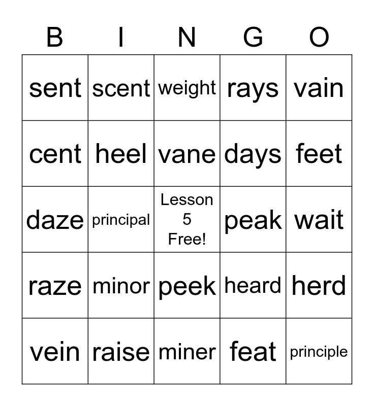Homophones 4th Grade Bingo Card