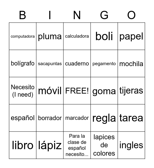 Utiles escolares Bingo Card
