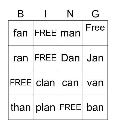 -an Word Family Bingo Card