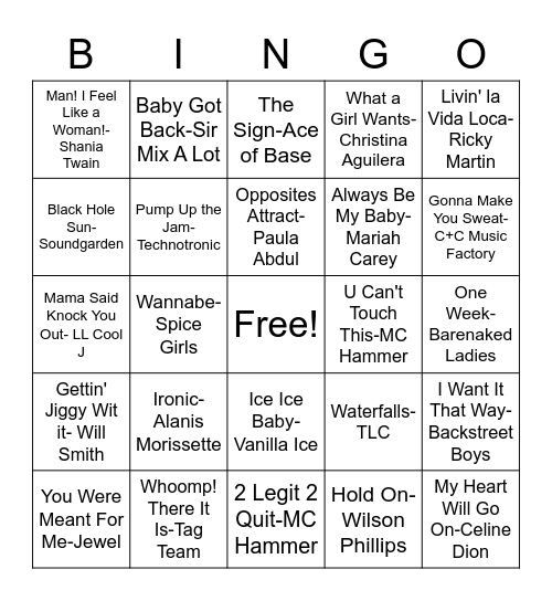 90's Hits Music Bingo Card