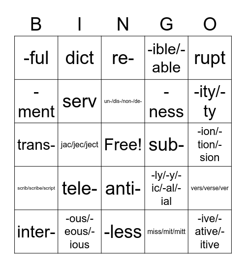Prefixes - Roots - Suffixes Bingo Card