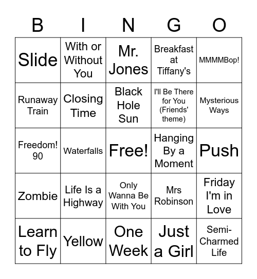 90s Hits Bingo Card