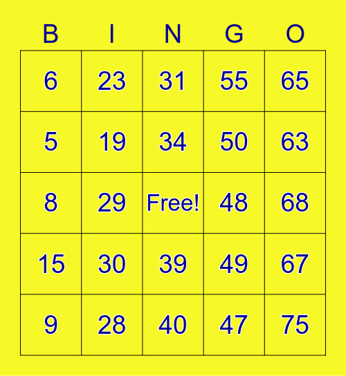 Number Bingo 1-75 Bingo Card