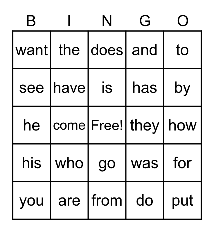 Red Words Layer 1 Bingo Card