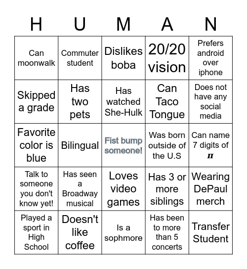 New Student Human Bingo Card