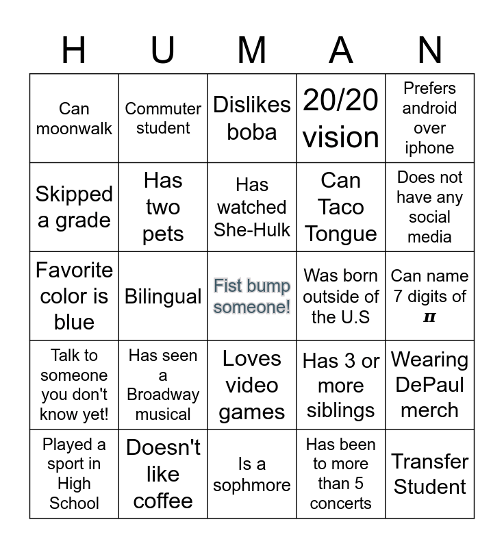 New Student Human Bingo Card