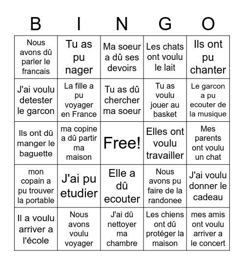 Avoir irregular verbs Bingo Card