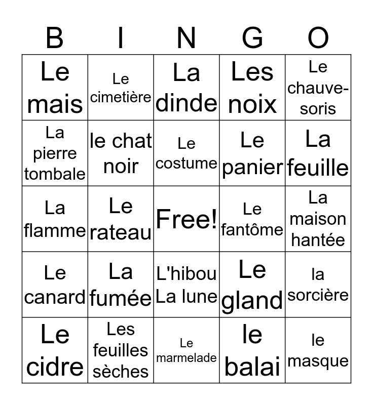Français BINGO Card