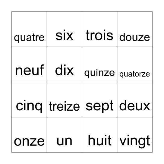 Les nombres Bingo Card