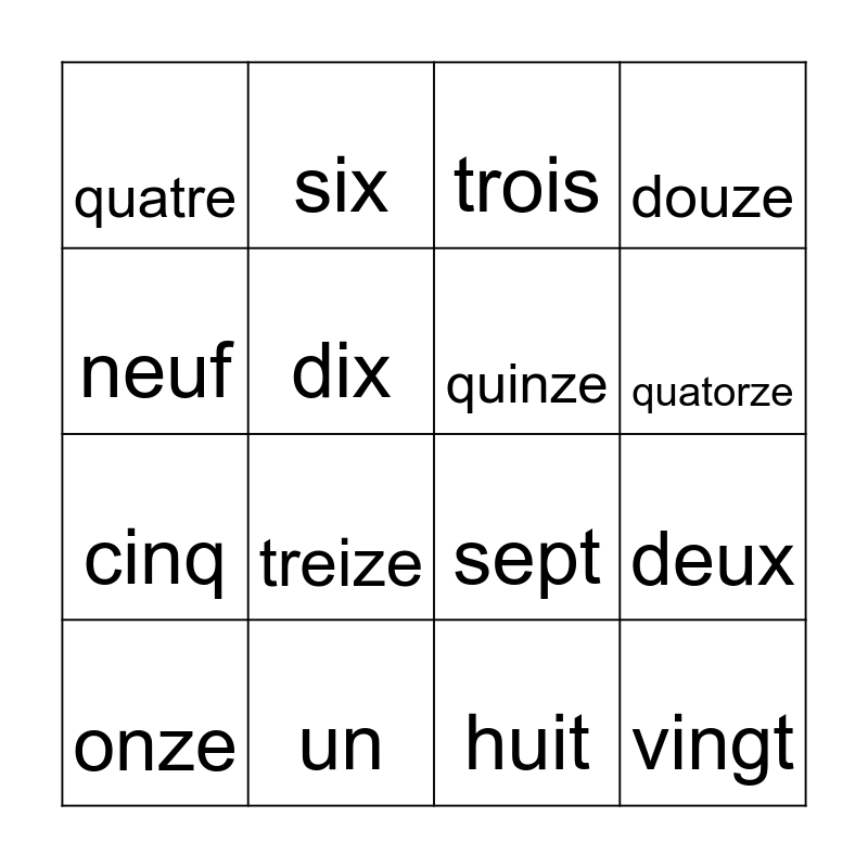 Les nombres Bingo Card