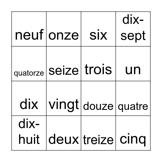 Les nombres 1-20 Bingo Card