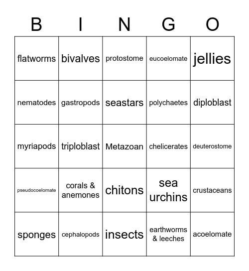 Invertebrate BINGO Card