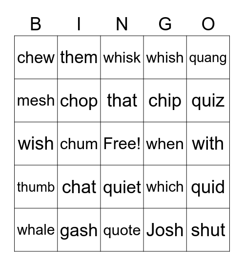 Consonant Digraphs: ch, sh, th, wh, qu Bingo Card
