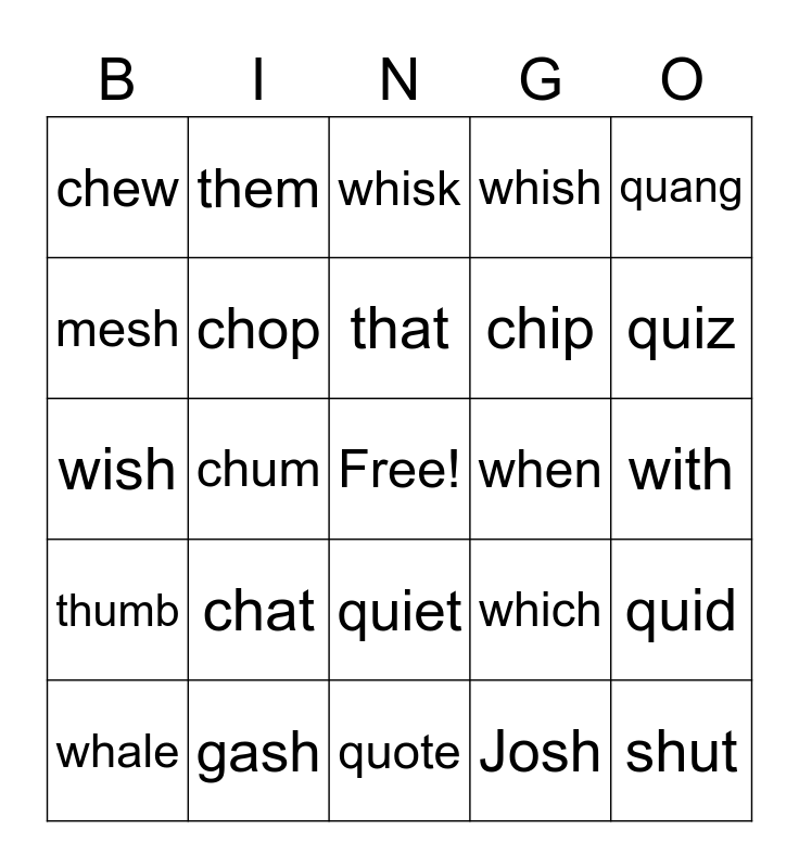Consonant Digraphs: ch, sh, th, wh, qu Bingo Card