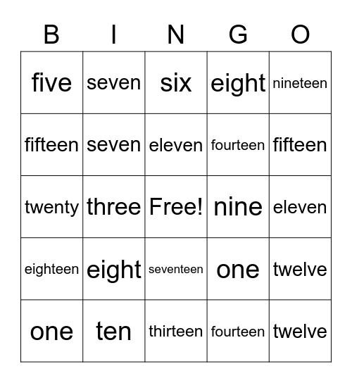 Numbers Bingo Card