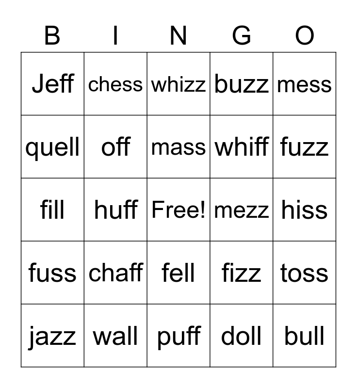 Double ff-ll-ss-zz Bingo Card