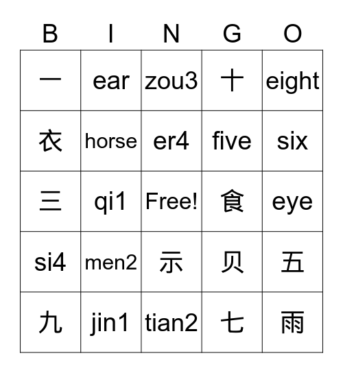 Chinese Radical and Numbers Bingo Card