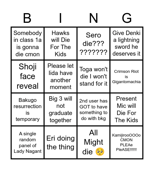 mha predictions Bingo Card