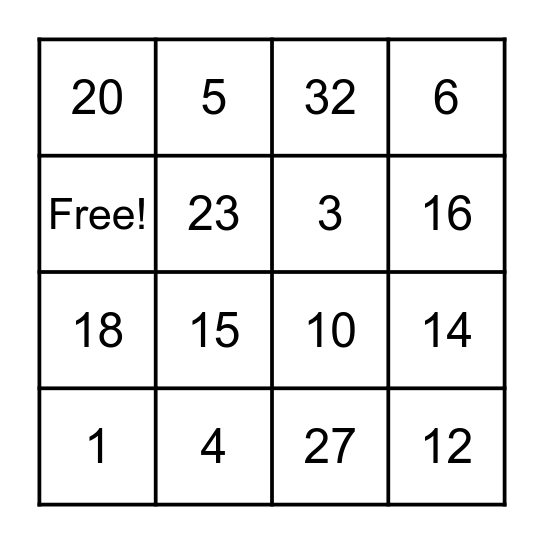 Subtraction Bingo Card