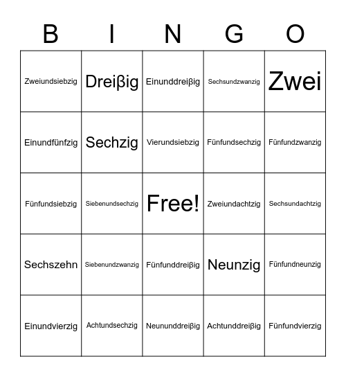 German Numbers Bingo! Bingo Card