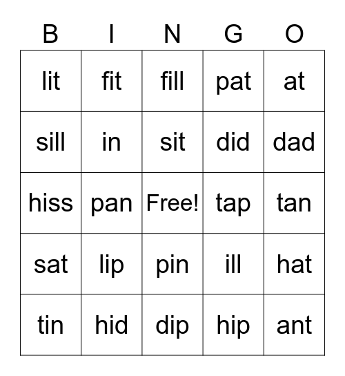 Kindergarten Bingo Card