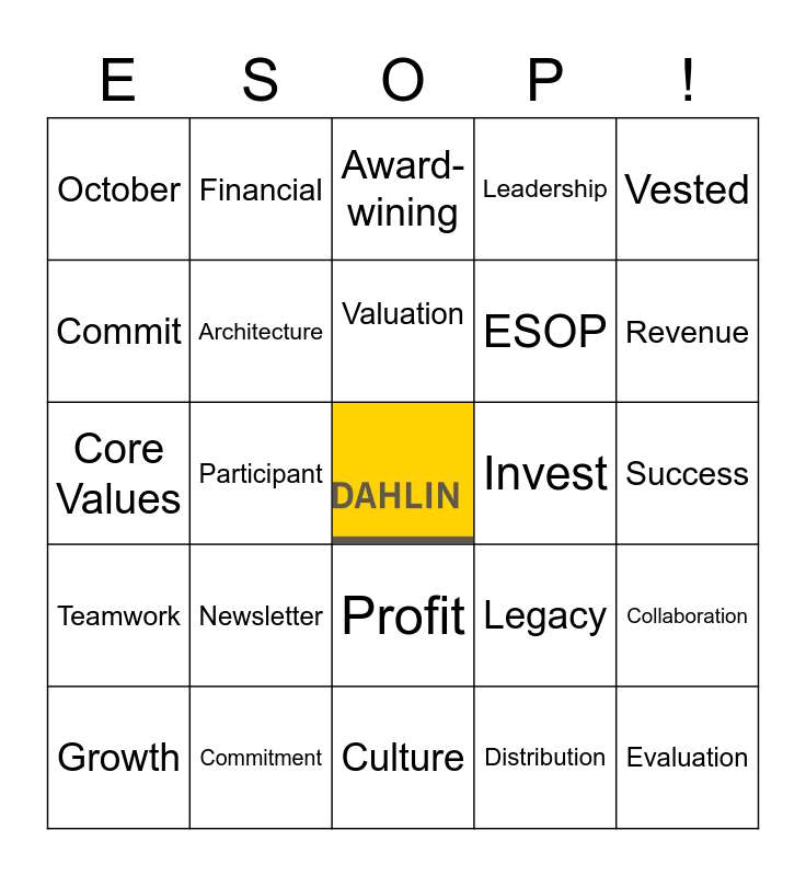 DAHLIN ESOP Celebration Month Bingo Card