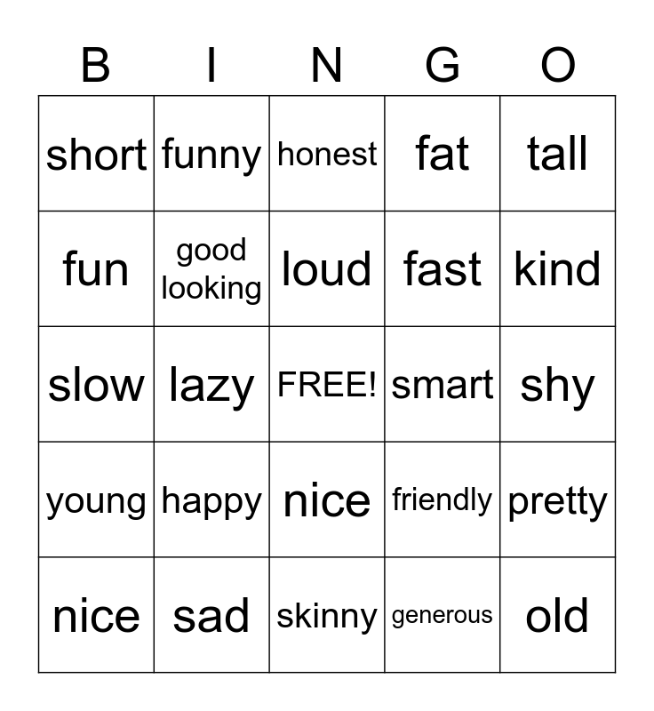 Adjective Bingo Card