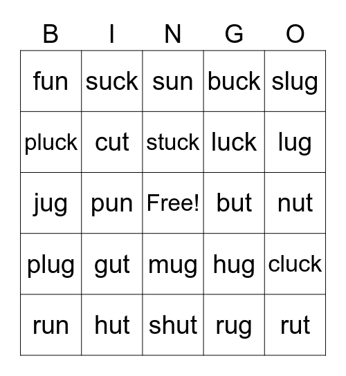 -u Word Family Bingo Card