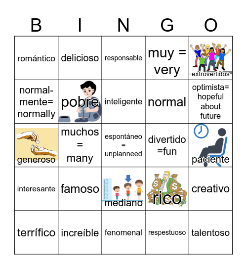Adjetivos 1 en español Bingo Card