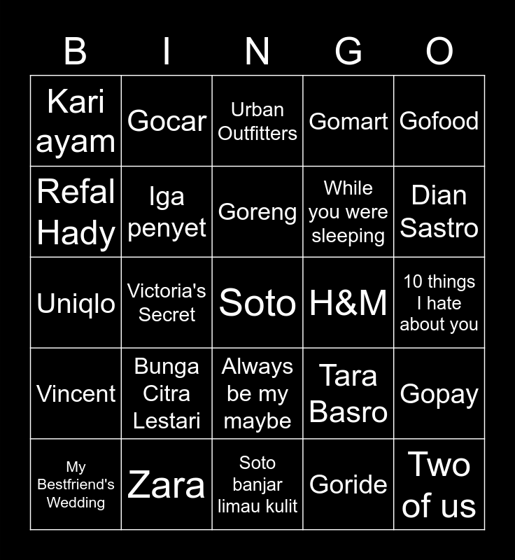 ELSA'S Bingo Card