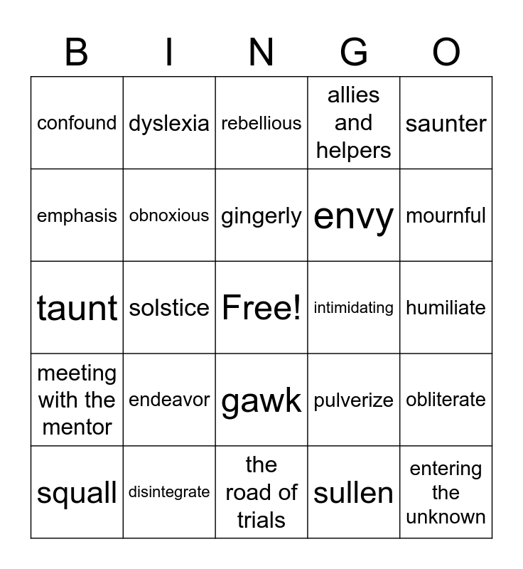 Chapters 1-8 Vocabulary Bingo Card