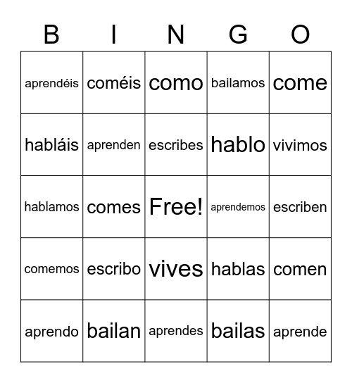 El presente-Verbos regulares Bingo Card