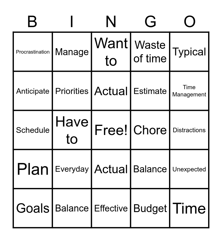 Time Management Bingo Card