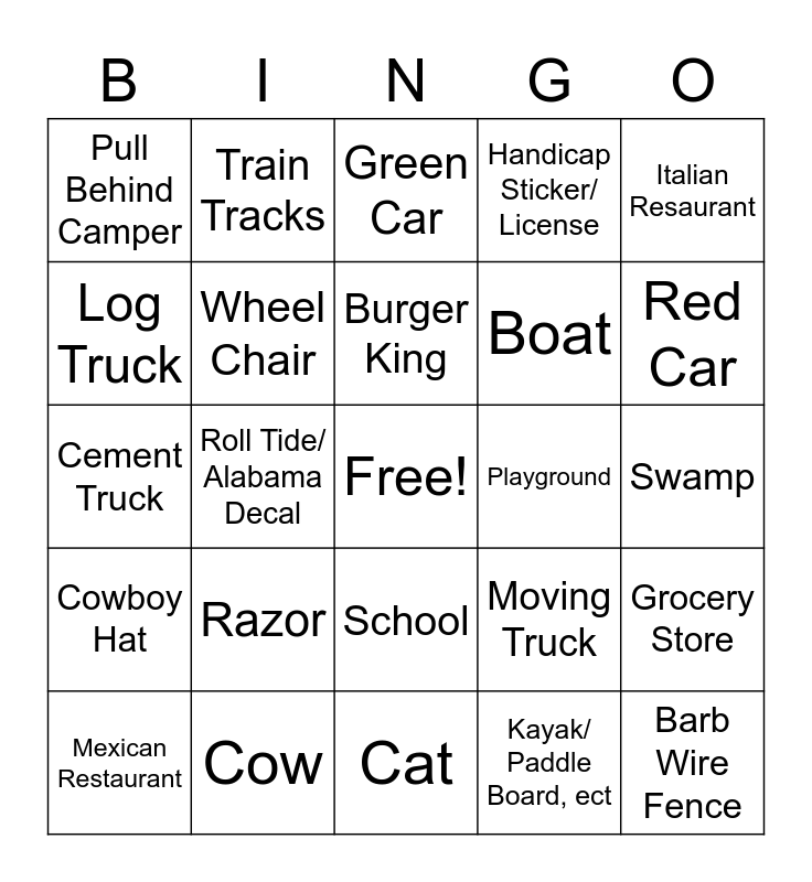 Texas to Alabama Bingo Card