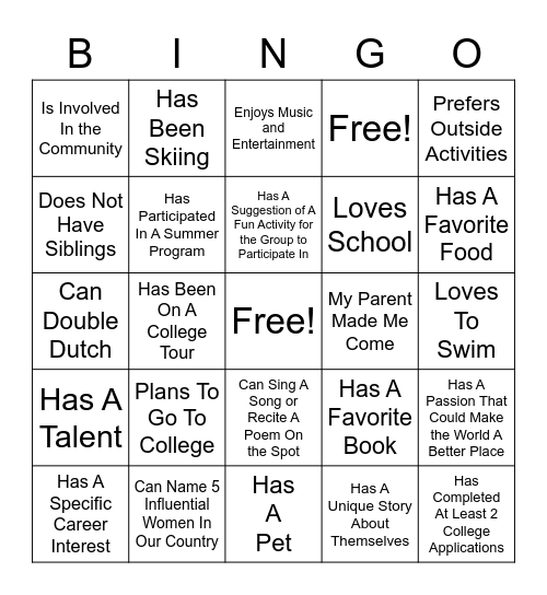 Cotillion Scavenger Hunt Bingo Card