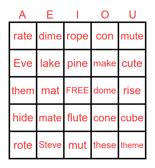 Long-vowel Bingo Card