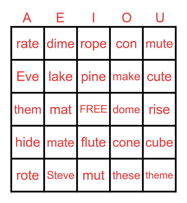 Long-vowel Bingo Card