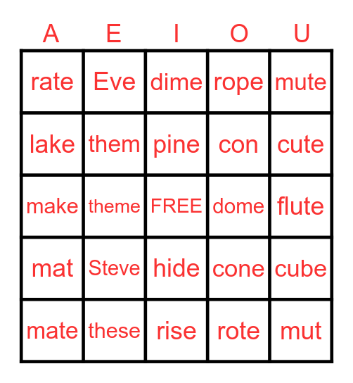 Long-vowel Bingo Card