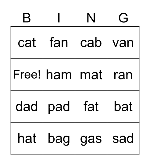 Short a Bingo Card