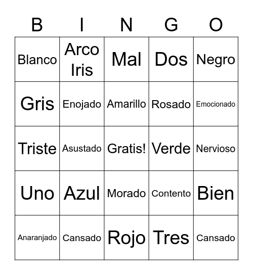 Los colores Bingo Card